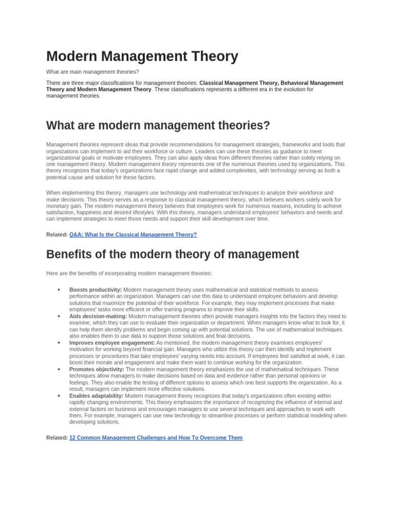 Modern Management Theory | PDF | Leadership | Employment