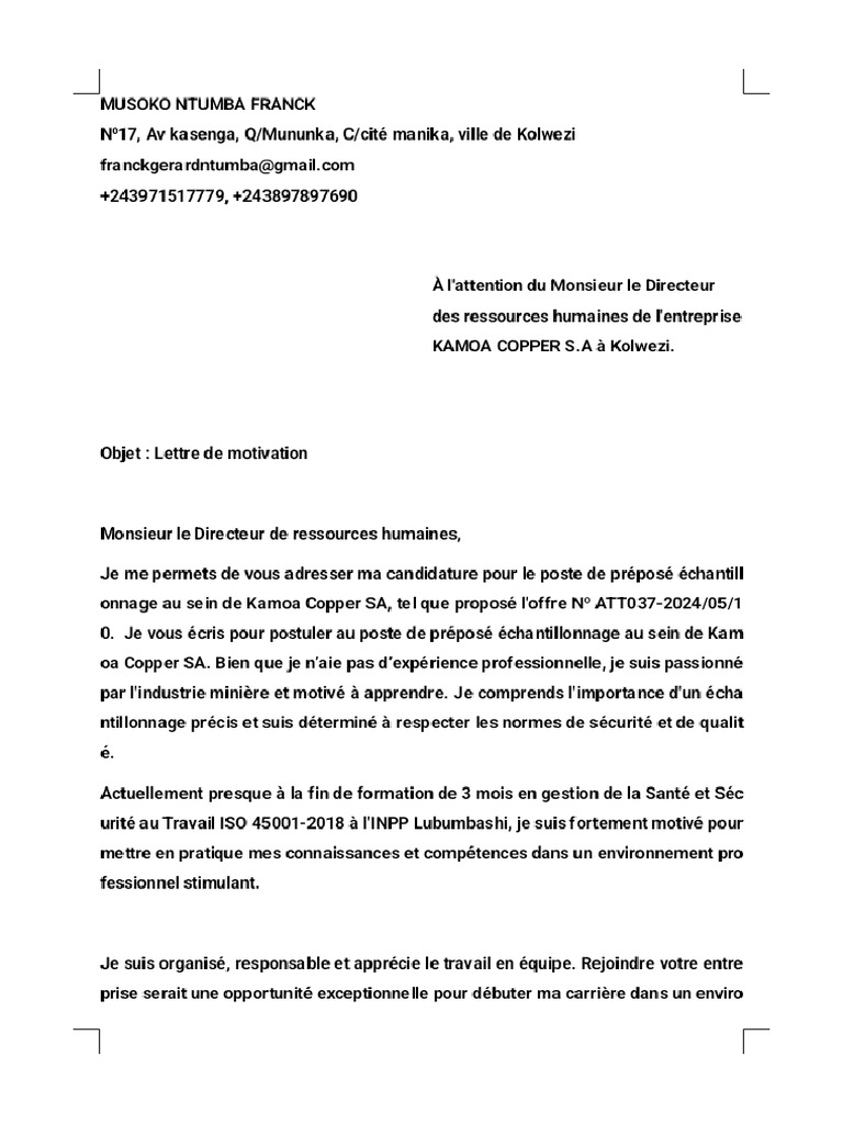 LETTRE DE MOTIVATION Préposé - Phoenix | PDF