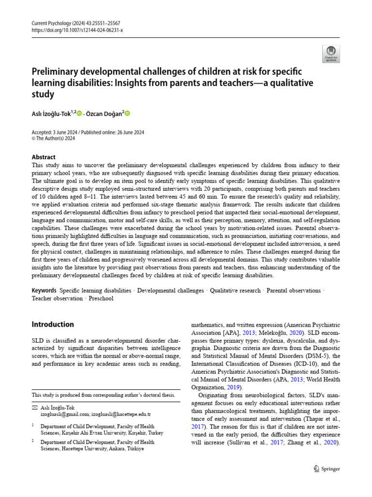 Preliminary Developmental Challenges of Children at Risk For Specific Learning Disabilities ...