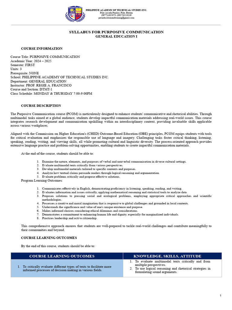 Purposive Communication GE1 Syllabus | PDF | Essays | Communication