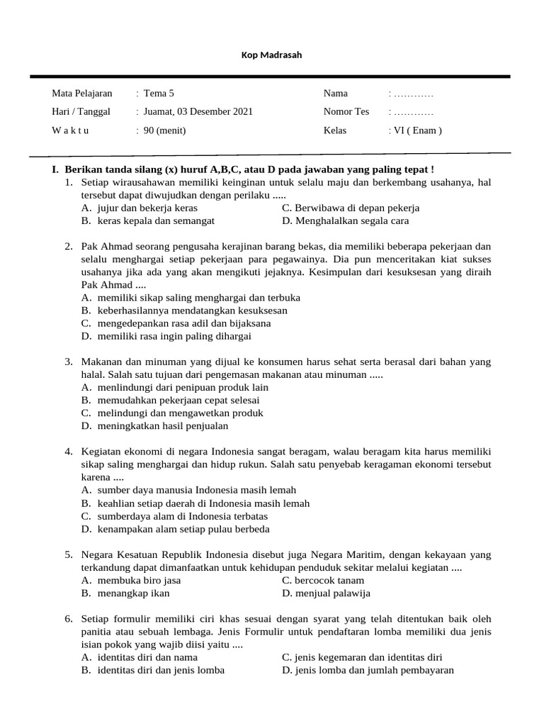 SOAL Kls 6 Tema 5fix | PDF