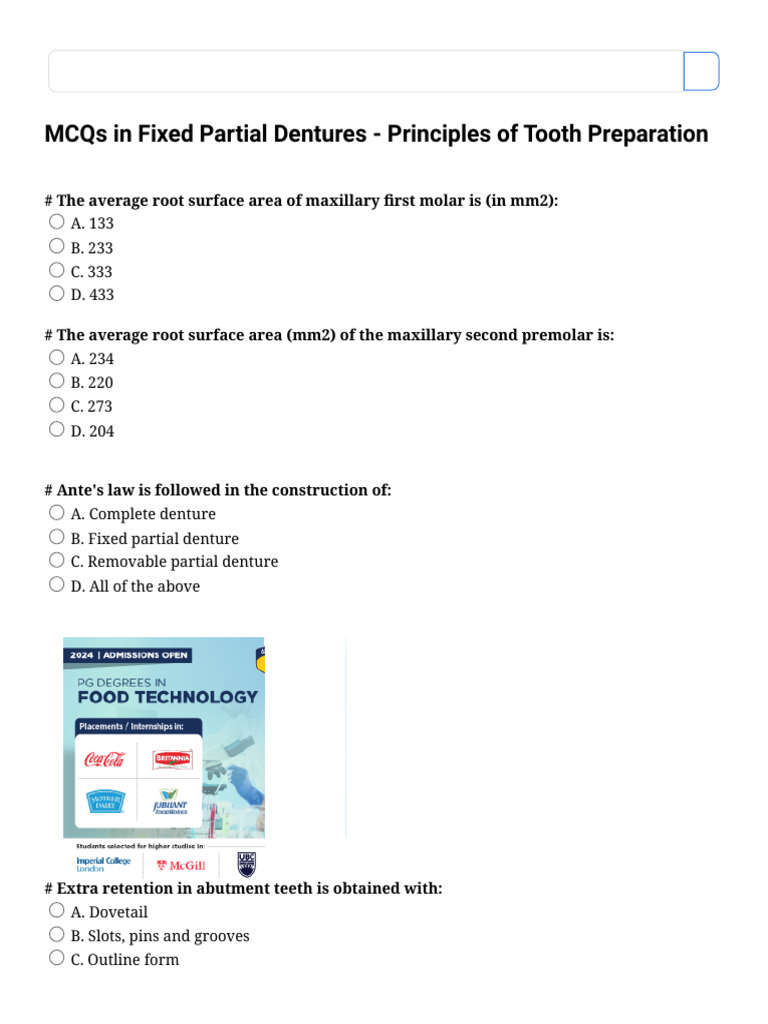 MCQs in Fixed Partial Dentures - Tooth Preparation | PDF | Tooth ...