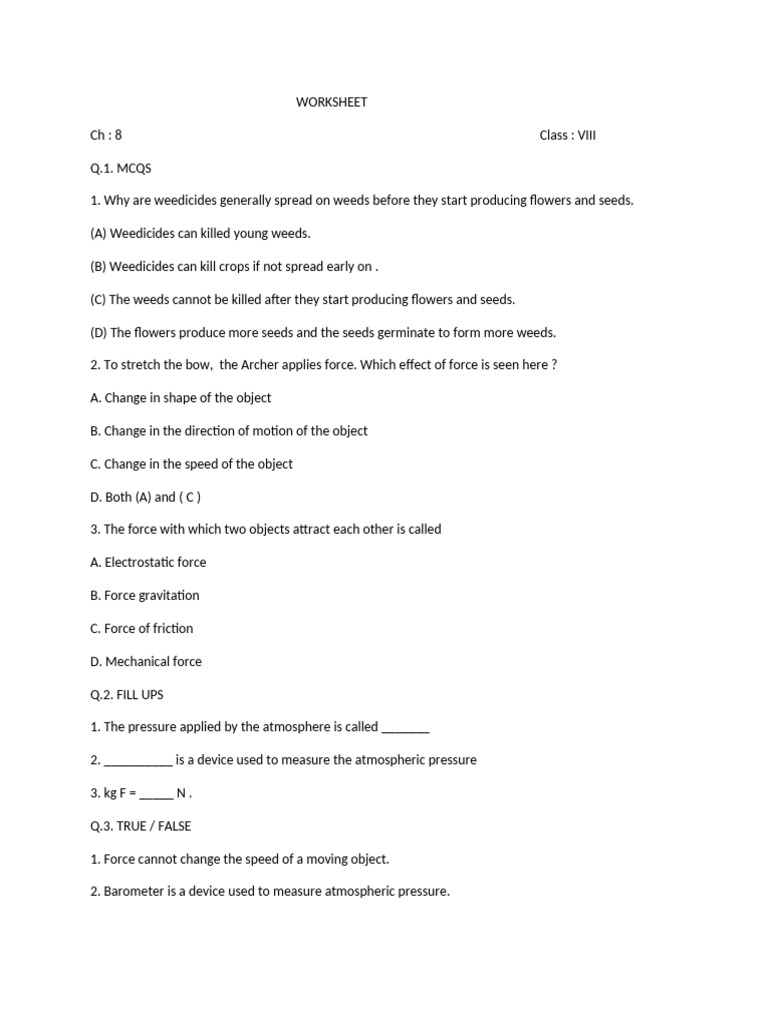Science Worksheet for Class 8 | PDF