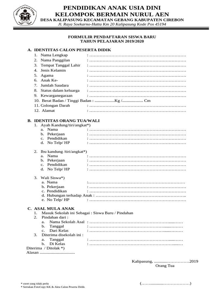 Contoh Formulir Pendaftaran Paud | PDF