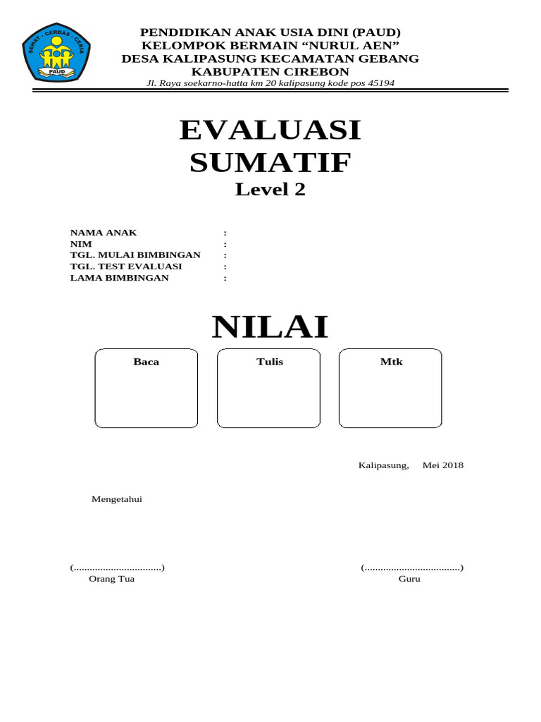 Contoh Lembar Evaluasi Sumatif Paud | PDF