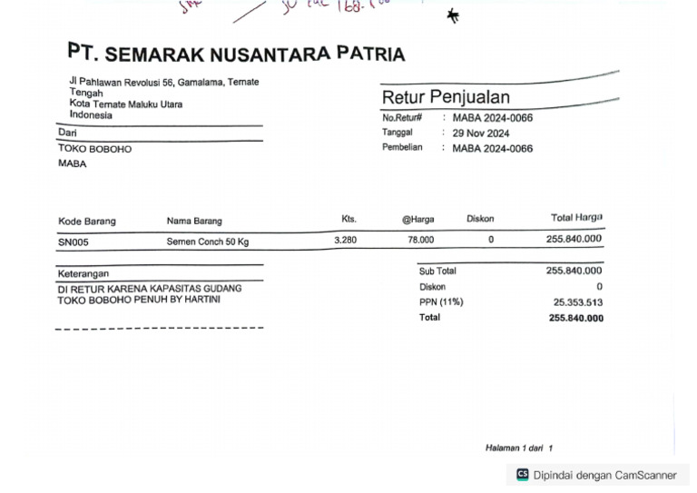 Nota Retur Maba 0066 TK Boboho | PDF
