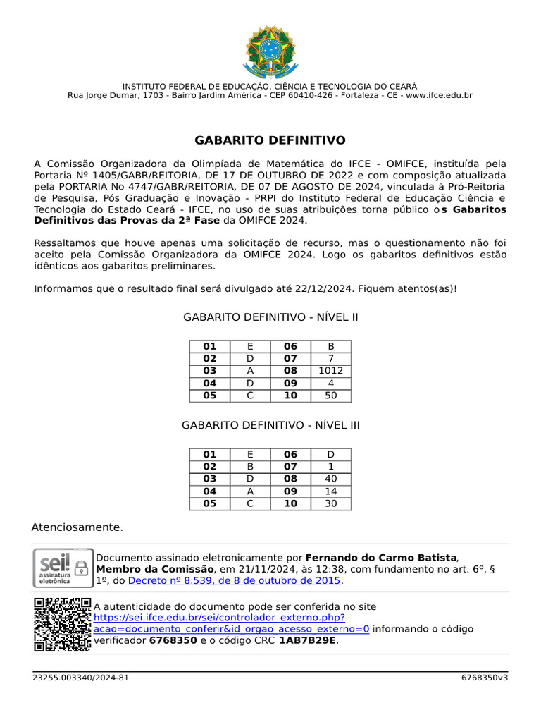 OMIFCE 2024 - COMUNICADO - Gabaritos Definitivos 2a Fase | PDF