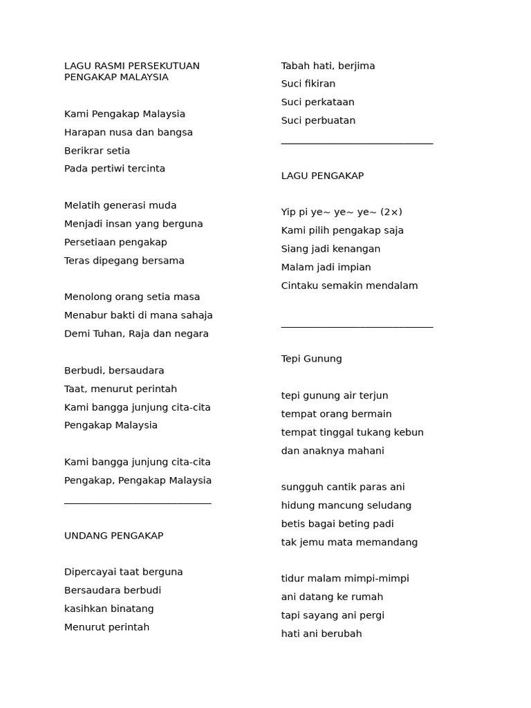 Lagu Rasmi Persekutuan Pengakap Malaysia & Lgu Pgkap | PDF