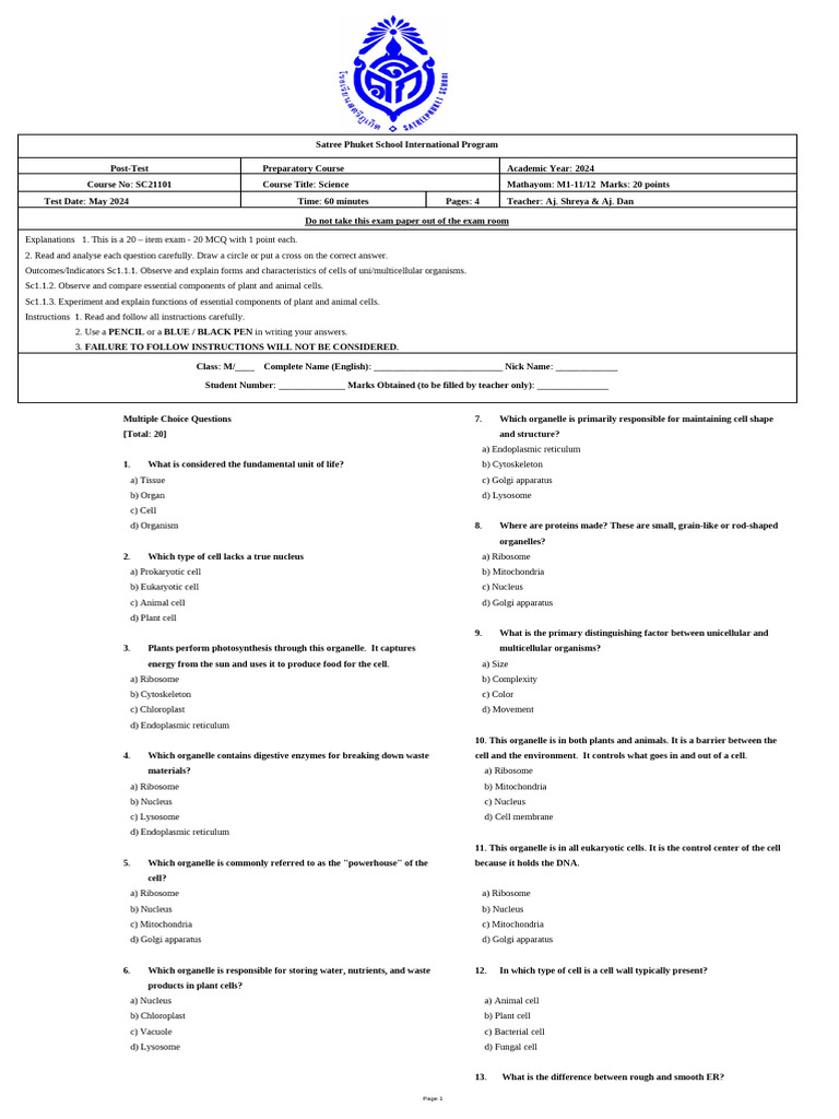 M1 - Science Preparatory Course Post Test | PDF | Cell (Biology ...