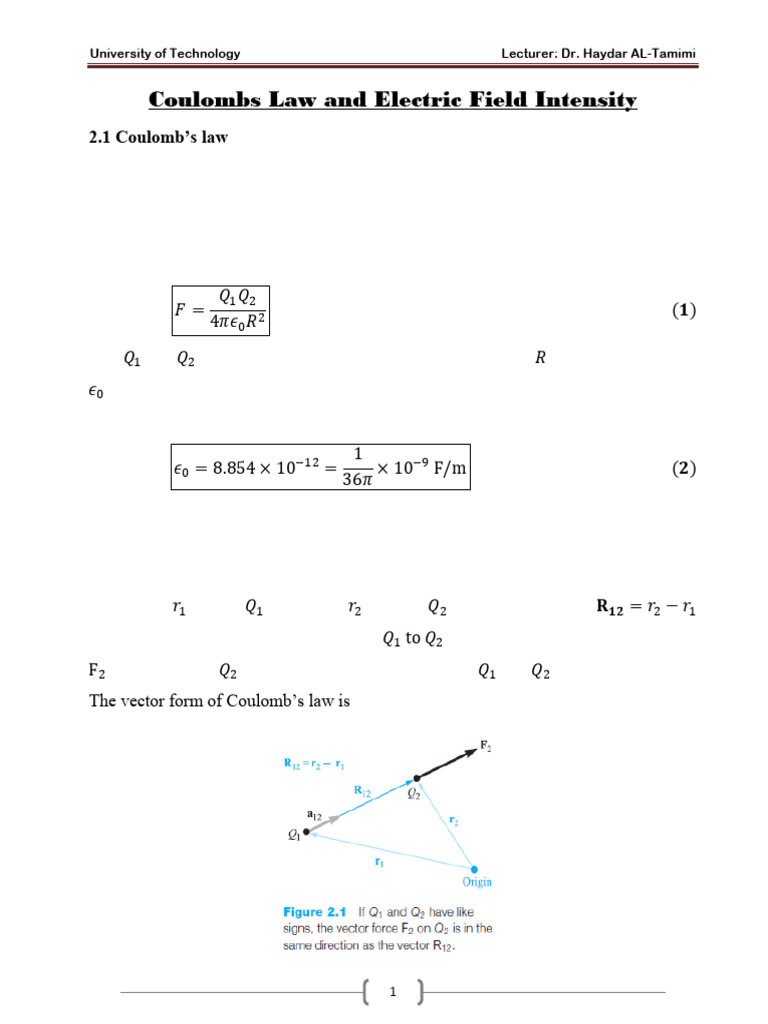 Chapter2 - Coulombs Law and Electric Field Intensity | PDF | Electric Field | Force