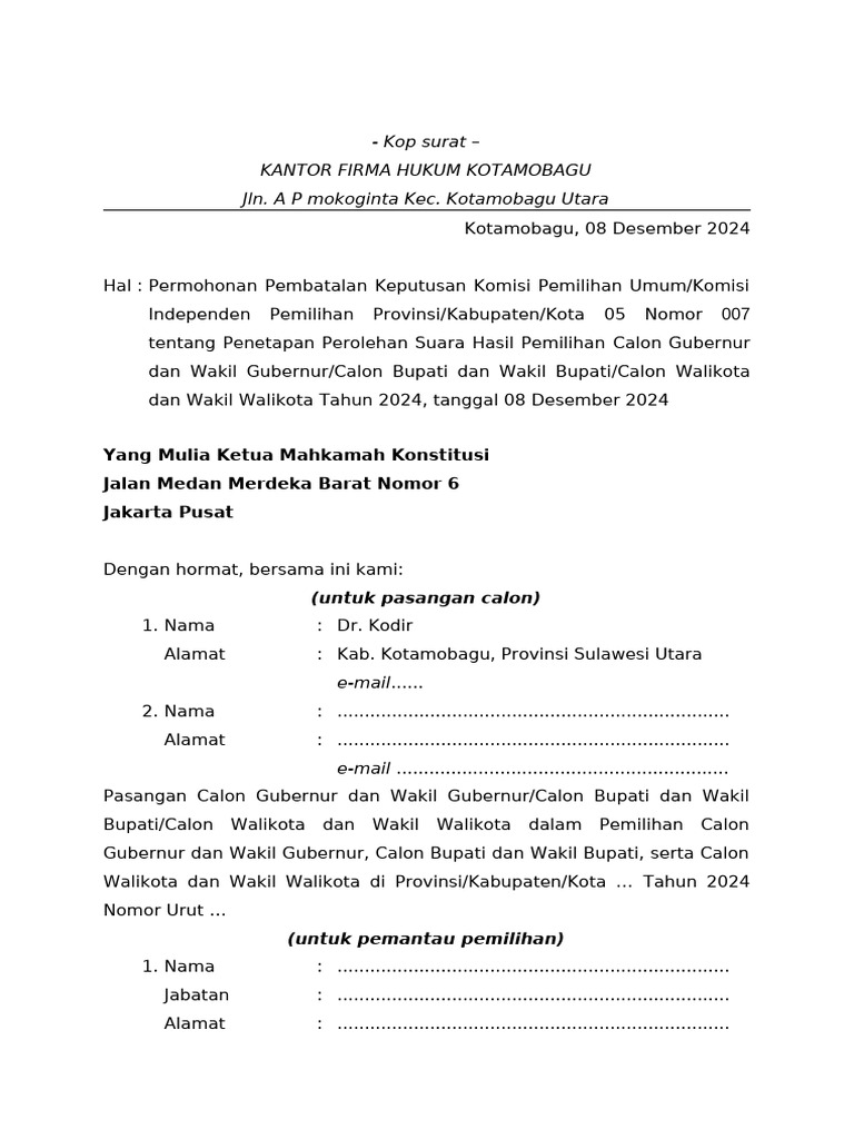 Materi 348 Template Permohonan Pemohon PILKADA | PDF