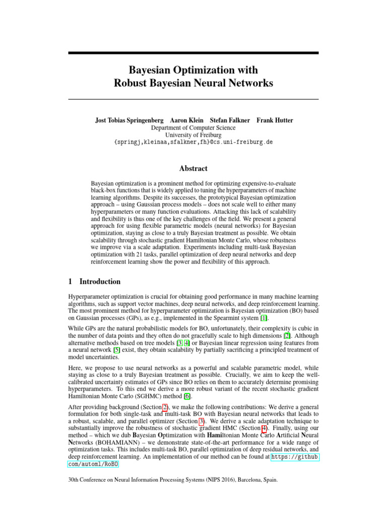 Nips 2016 Bayesian Optimization With Robust Bayesian Neural Networks Paper Pdf Artificial