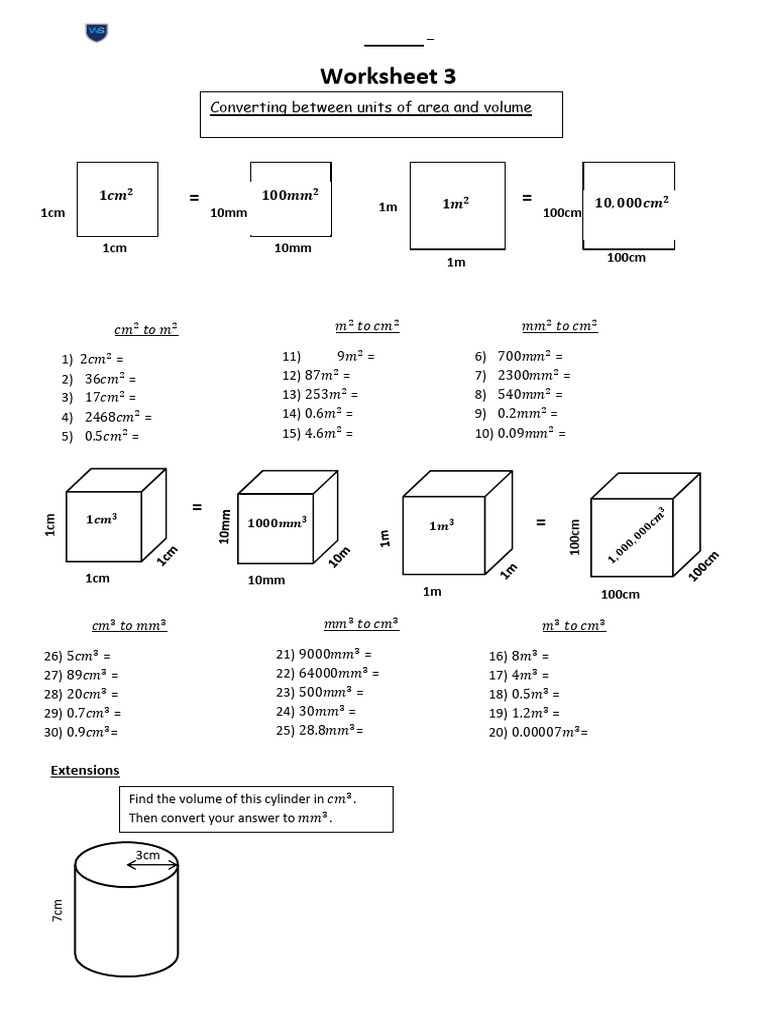 Converting Between Units of Area and Volume - WS3 | PDF