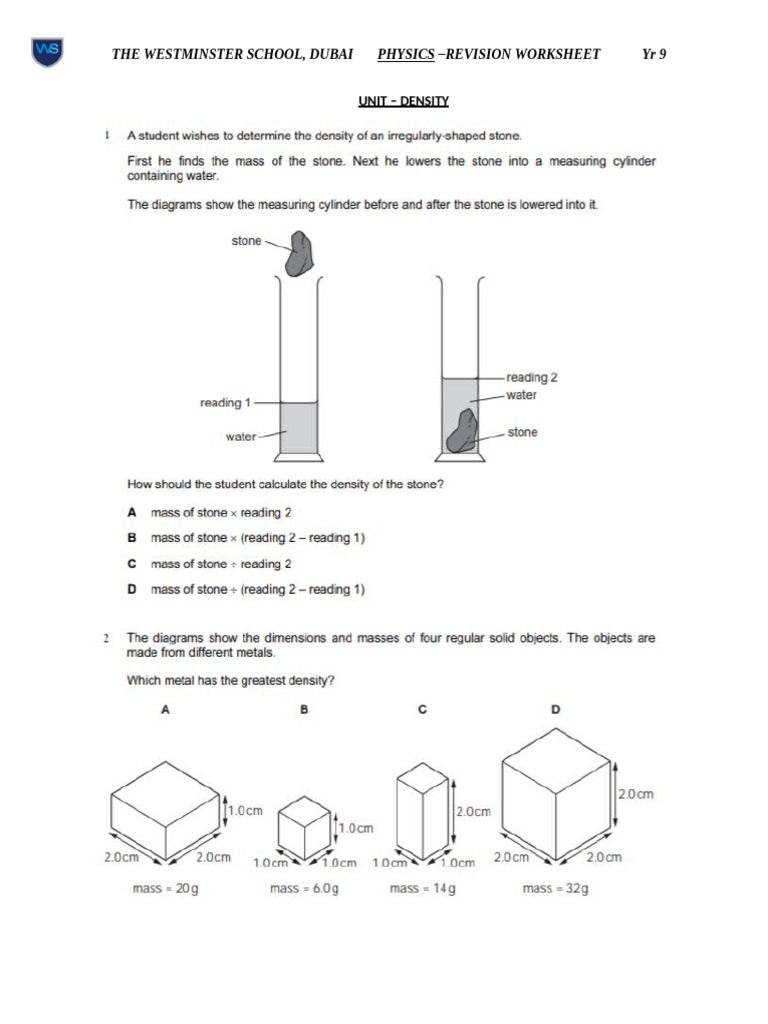 Year 9 Physics Density Revision Worksheet | PDF