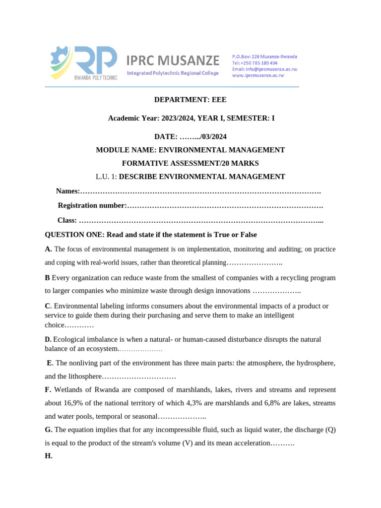 Environmental Management Assessment 2024 | PDF | Natural Environment ...