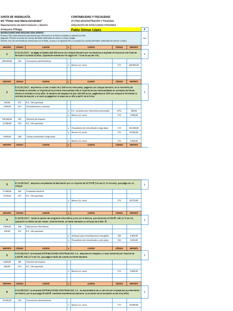 Pablo Gémar López - A-UT04-03-ADQUISICIÓN I. INTANGIBLE - ALUMNO | PDF | Contabilidad | Bancos