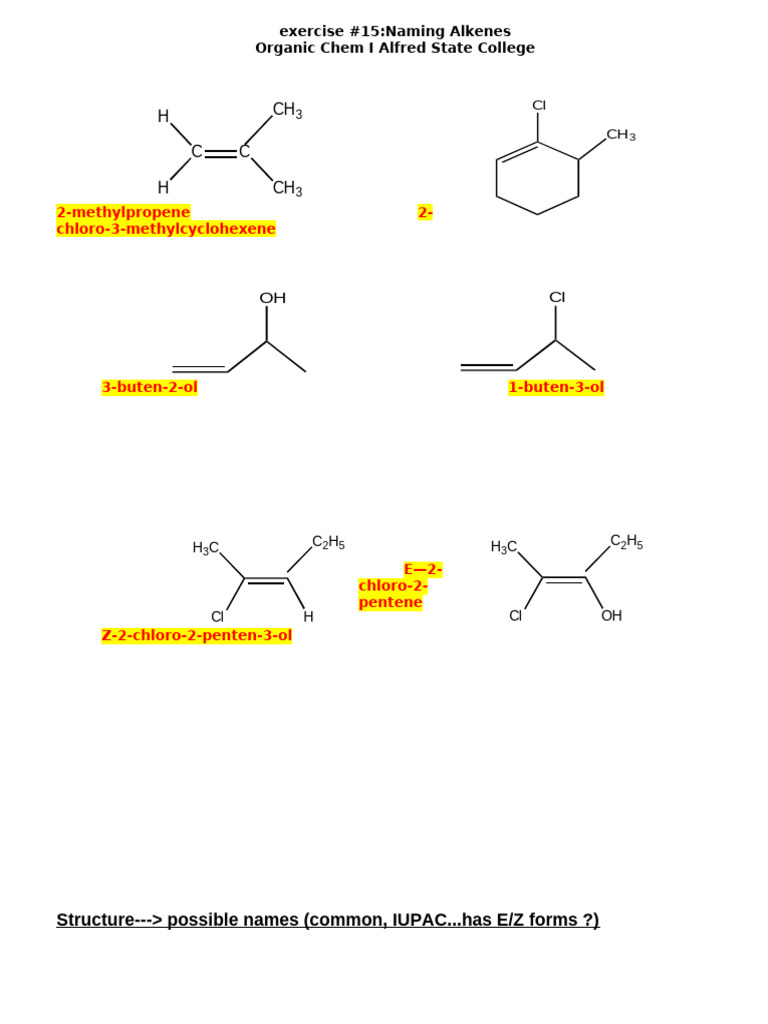 Exercise 14 Alkene Naming Answers | PDF