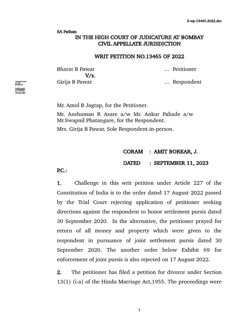 Wife Cant Wriggle Out From Consent Terms After Receiving Monetary ...