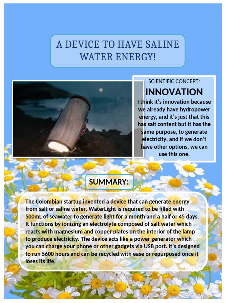 Saline Water Energy Device Innovation | PDF | Recycling | Paper
