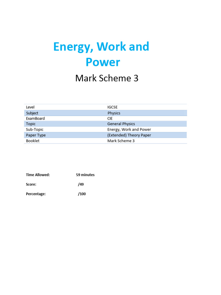 IGCSE Physics: Energy, Work, Power Mark Scheme | PDF | Metrology ...