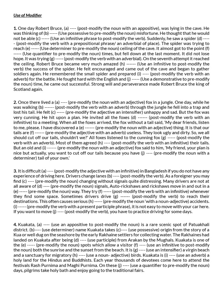 Use of Modifier Exercise | PDF | Verb | Adjective