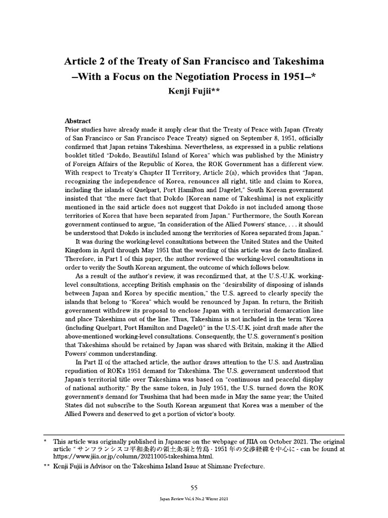 Article 2 of The Treaty of San Francisco and Takeshima - Kenji Fujii | PDF