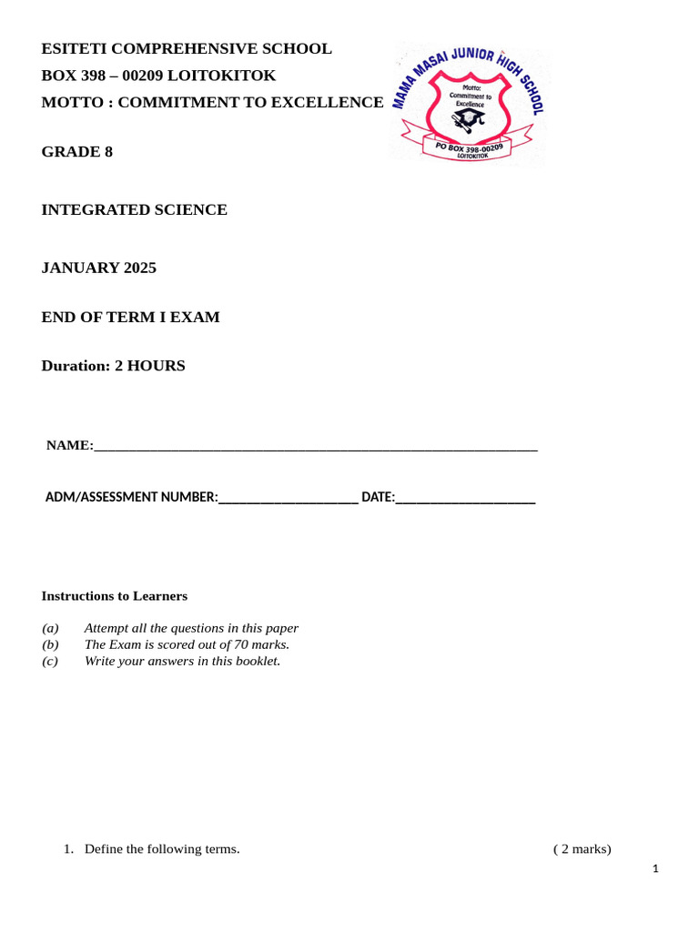 Grade 8 Integrated Science Term 1 Exam | PDF