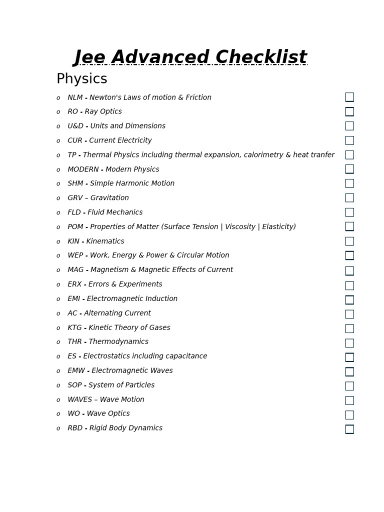 Jee Advanced Checklist | PDF | Chemistry | Gases