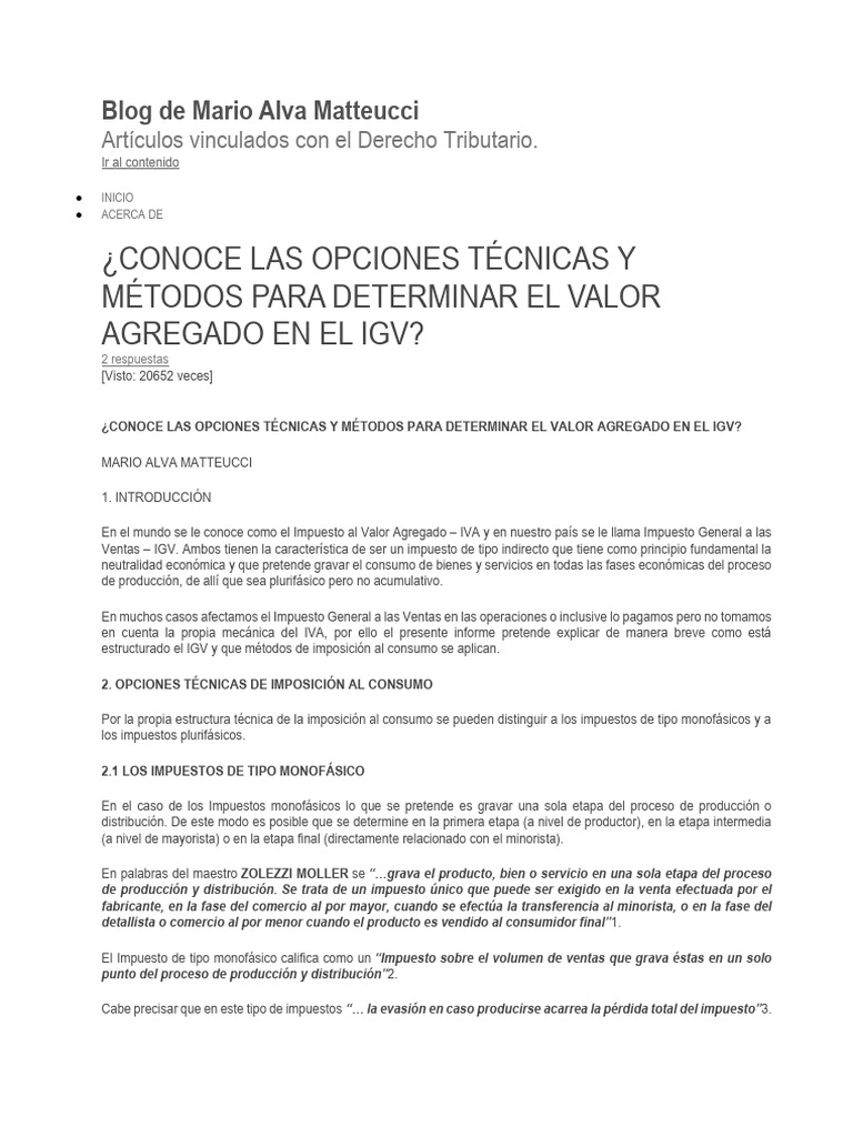 Mario Alva Matteucci - Valor Agregado en El IGV | PDF | Impuestos ...