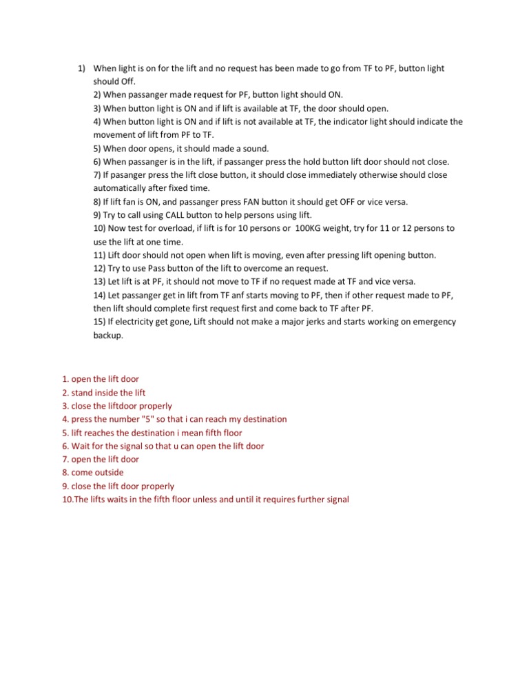 Lift Test Cases and Scenarios | PDF