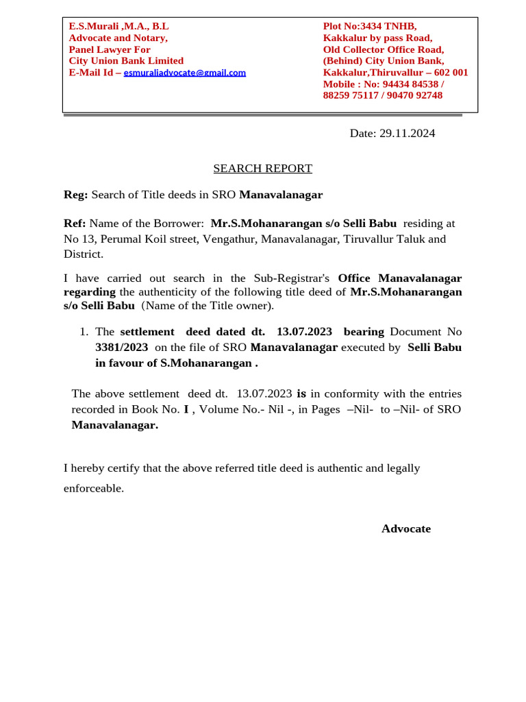 Title Report for Mohanarangan's Property | PDF | Deed | Common Law