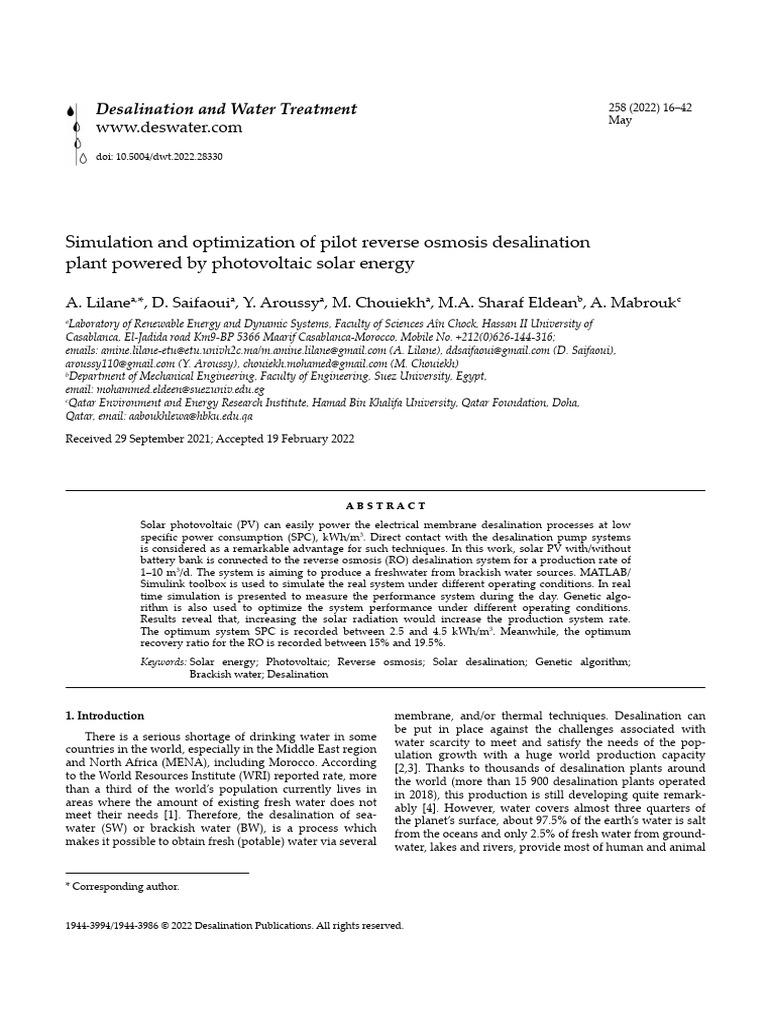 Simulation and Optimization of Pilot Reverse Osmosis Desalination Plant Powered by Photovoltaic ...