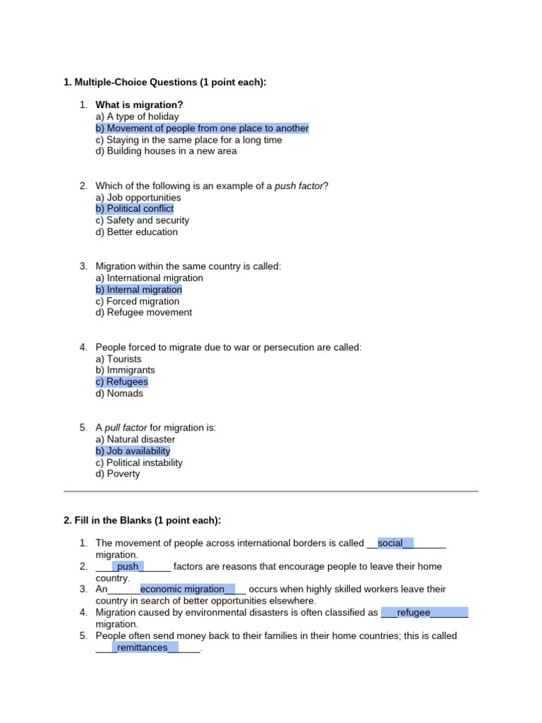 Migration Quiz | PDF | Human Migration | Cultural Globalization