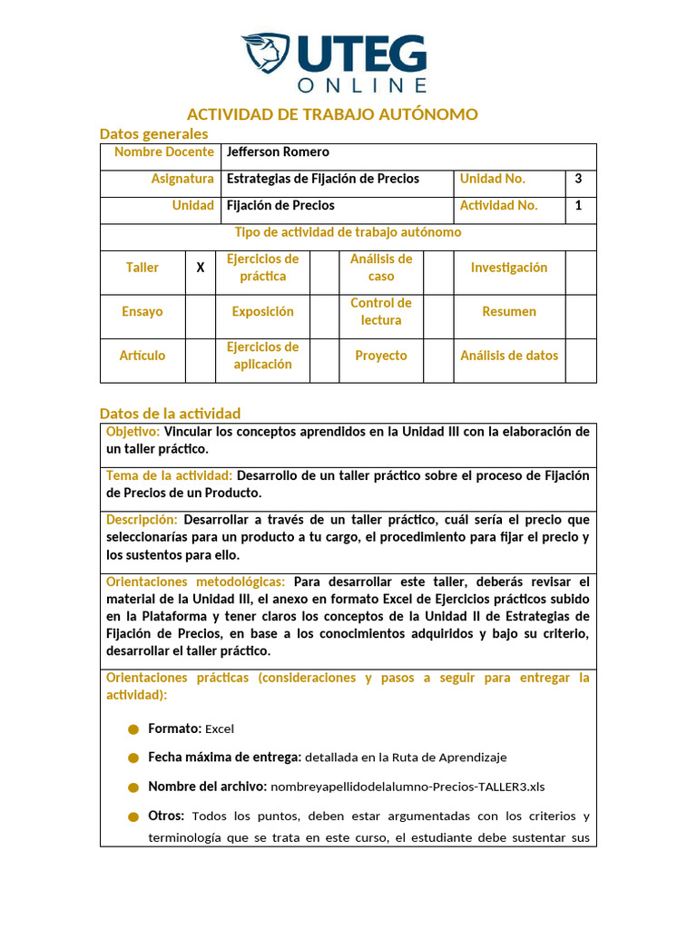 Precios Taller U3 1 | PDF | Aprendizaje | Cognición