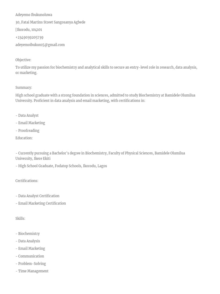 Aspiring Biochemist Seeking Entry Role | PDF