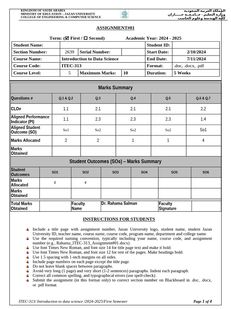 Assignment#01 Format With CLOs, PIs, & SO | PDF | Standard Deviation | Statistical Theory