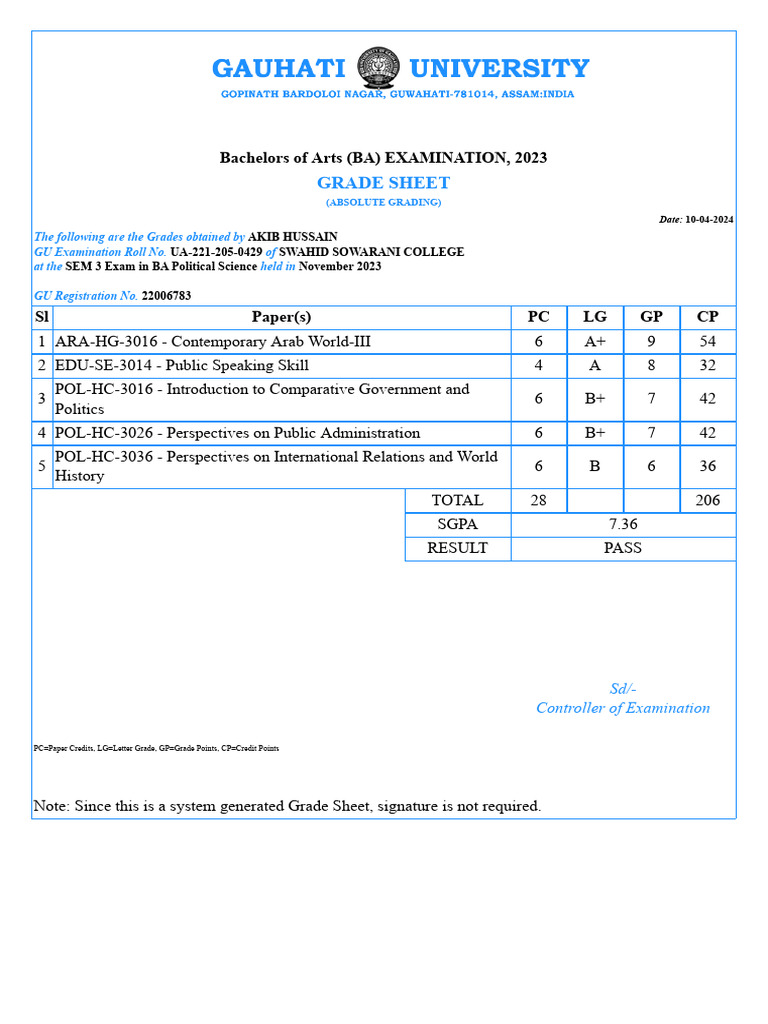 3rd Sem Mark Sheet | PDF