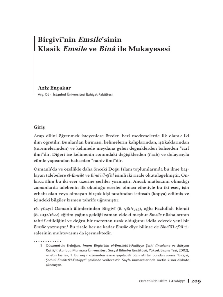 Birgivî'nin Emsile'sinin Klasik Emsile Ve Binâ Ile Mukayesesi | PDF