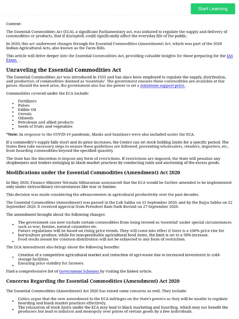 Essential Commodities Act - Details, Amendments and Impacts | PDF