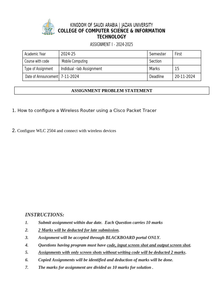 Mobile Computing Assignment: Router Configurations | PDF