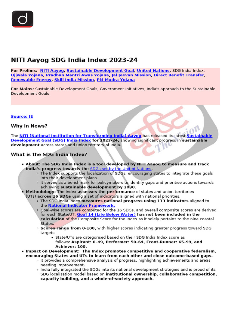 NITI Aayog SDG India Index 2023-24: Why in News? | PDF | Economic ...
