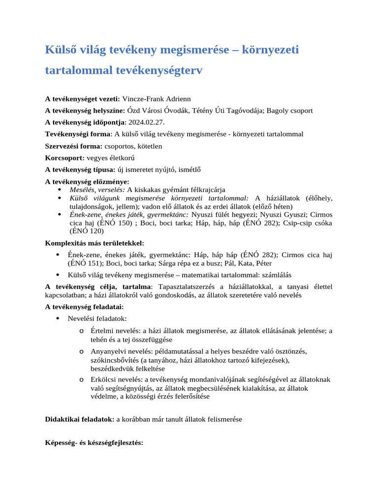 Külső Világ Tevékeny Megismerése Tevékenység Tervezet | PDF