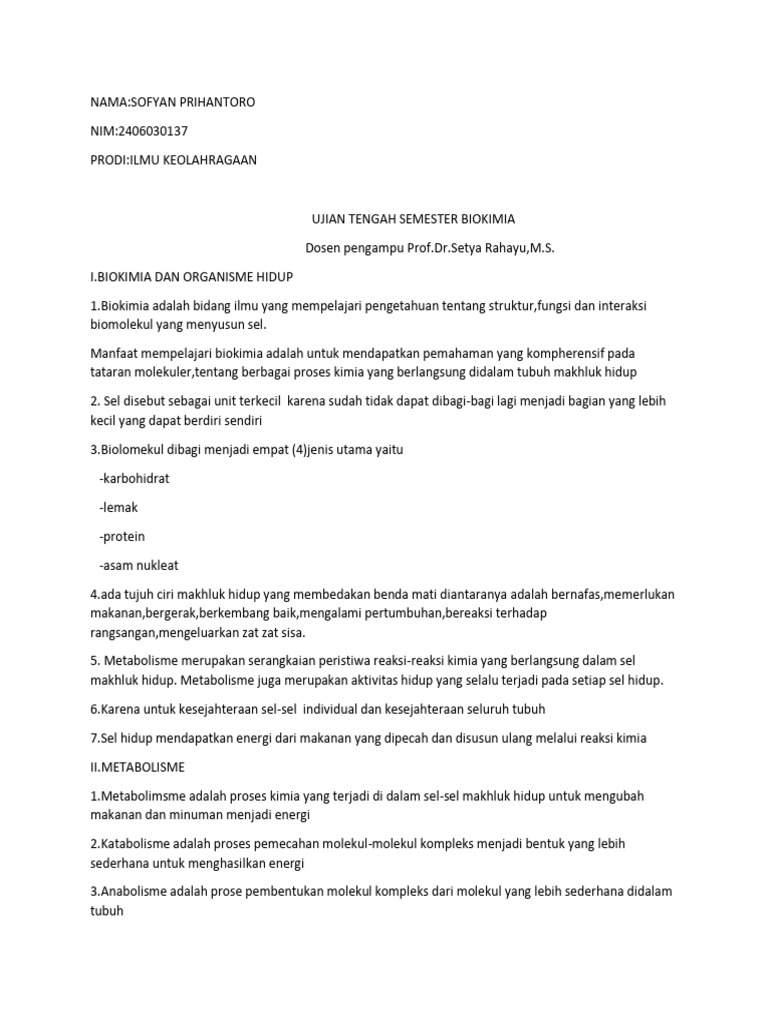 PDF Uts Biokimia Sofyan Prihantoro | PDF
