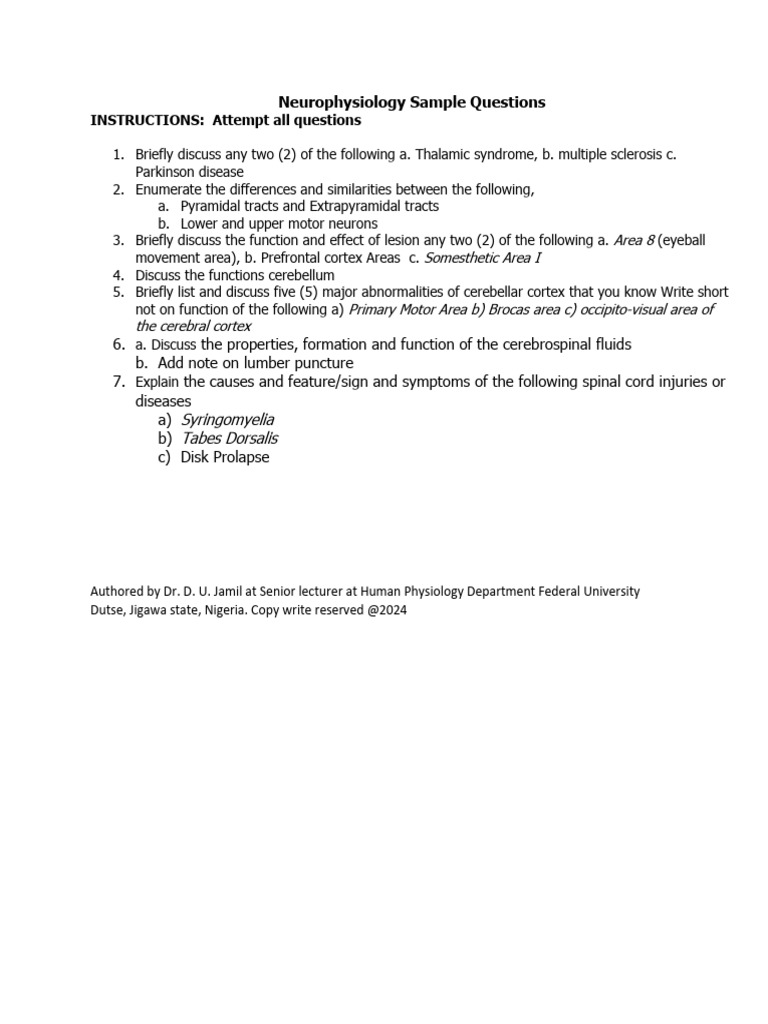 Neurophysiology Sample Questions | PDF