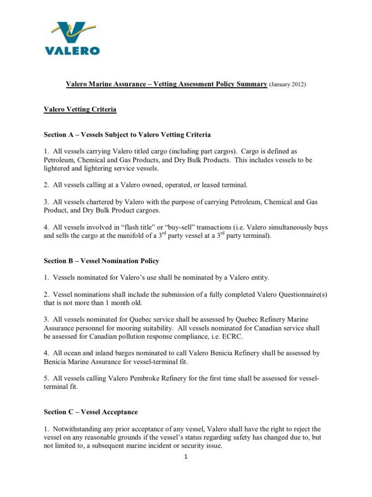 Valero Marine Assurance Vetting Assessment Policy (Summary) (Final 01 ...