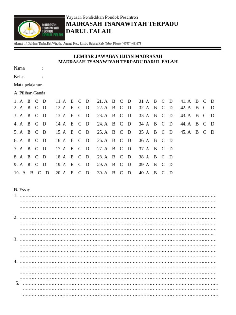 Lembar Jawaban MTS | PDF