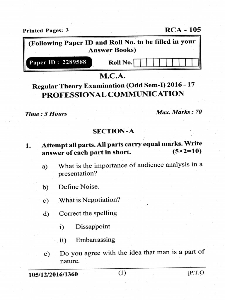 Mca 1 Sem Professional Communication Rac 105 2017 | PDF | Human Communication | Communication