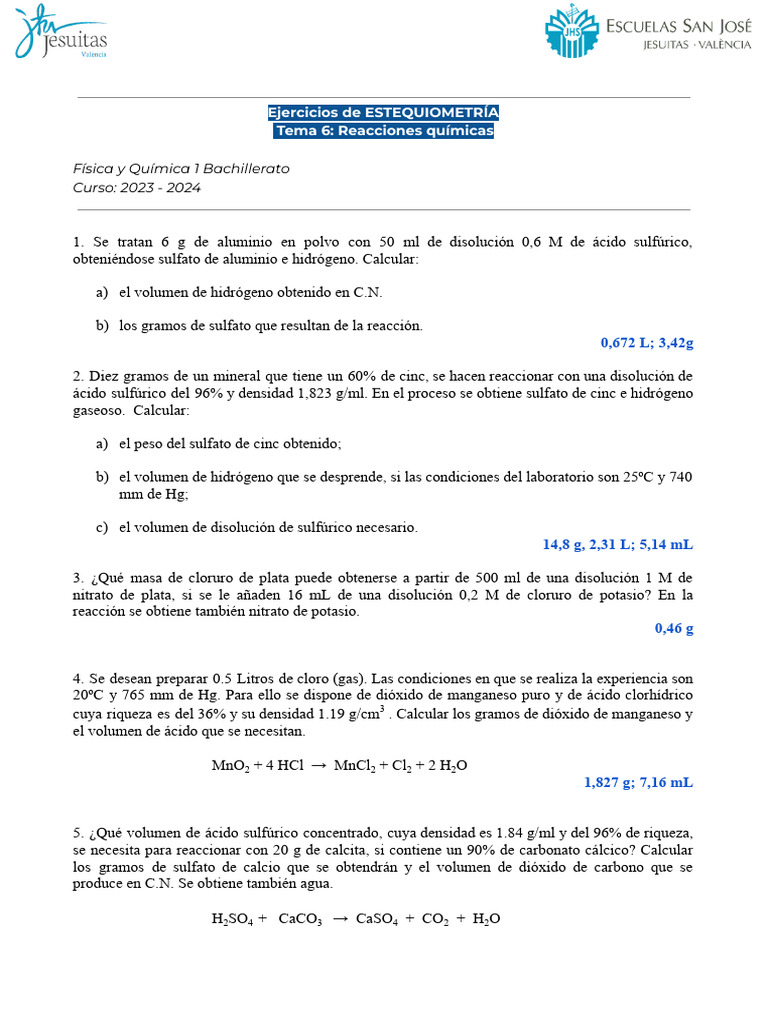 Ejercicios Estequiometría - Tema 6 - Reacciones Químicas | PDF | Ácido sulfúrico | Ácido clorhídrico