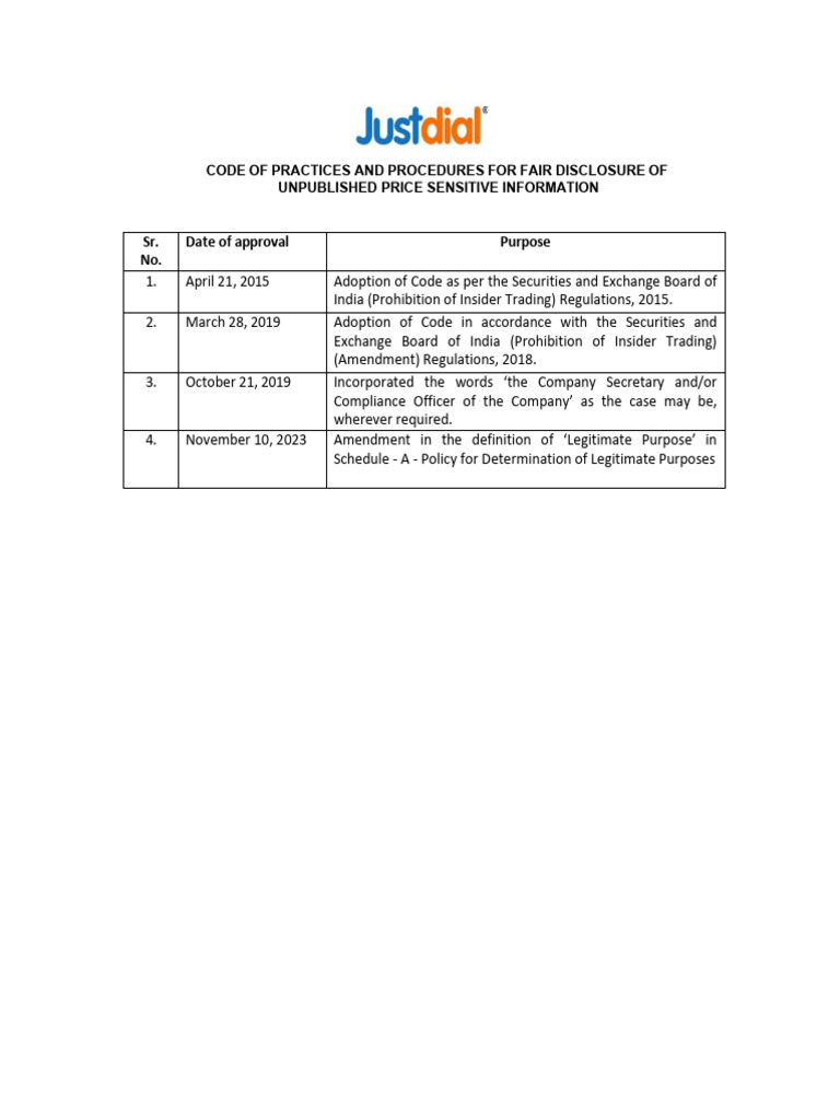 Justdial Code of Fair Disclosure | PDF | Insider Trading | Audit