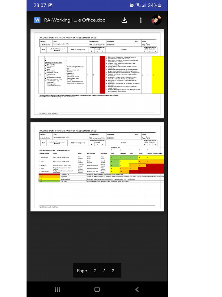 Working in An Office Risk Assessments | PDF
